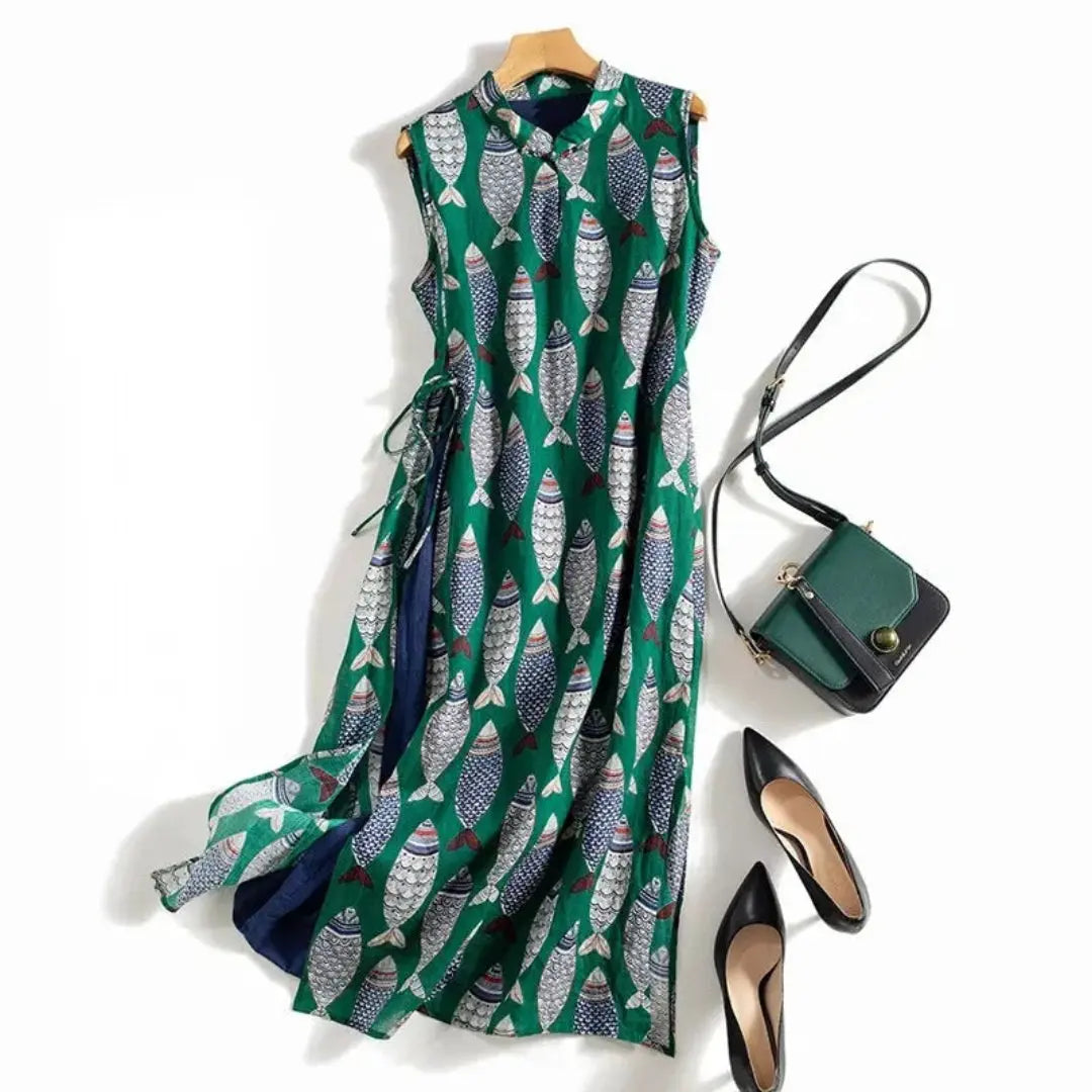 Anne Sleeveless Fish Print Maxi Dress - Artisio