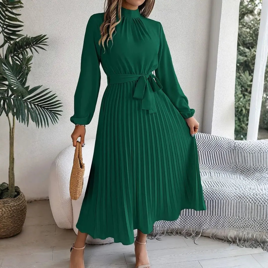 Issy | Long-sleeve pleated belted midi dress - Artisio